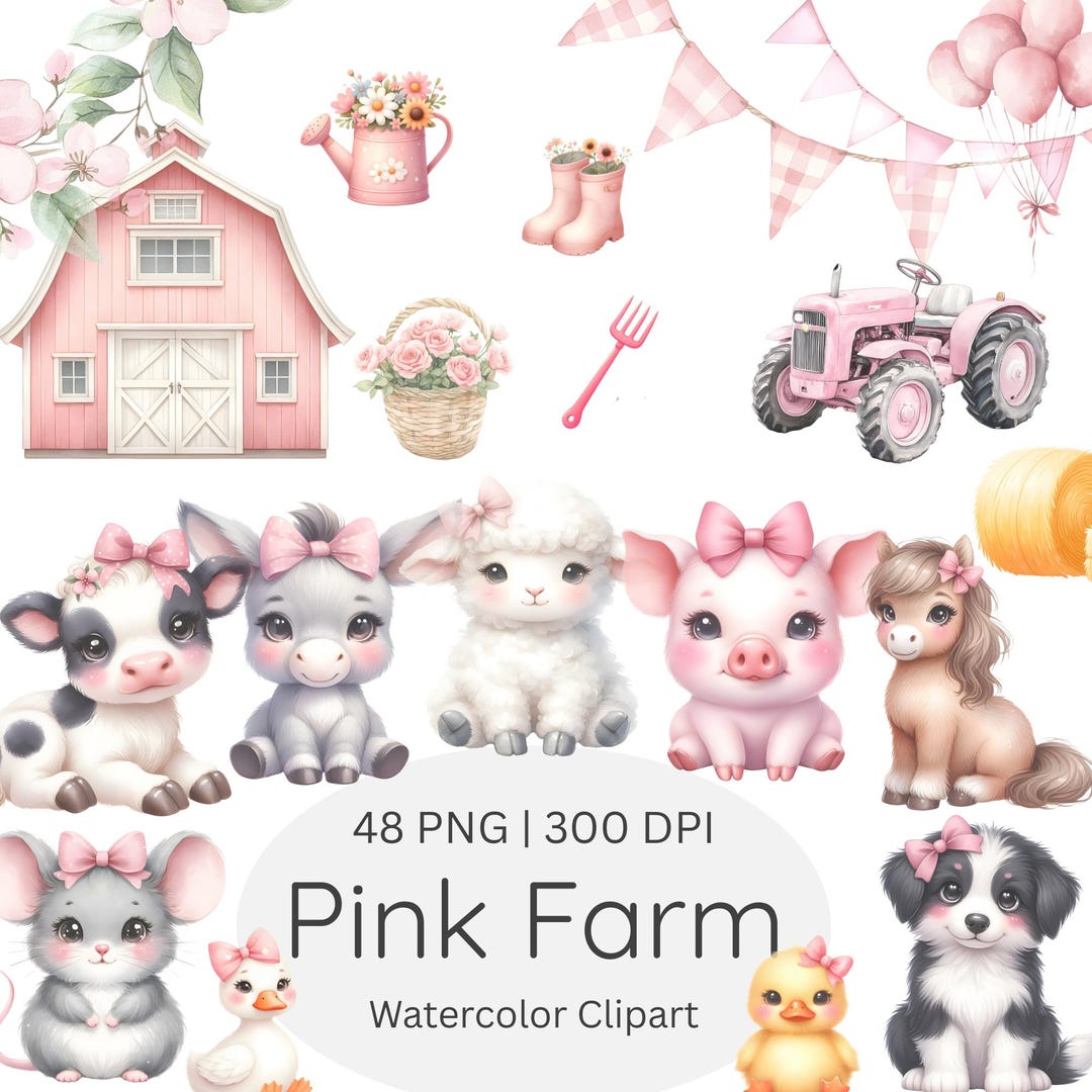 Pink Farm Clipart, Cute Farm Clipart, Watercolor Farm Animals Clipart ...
