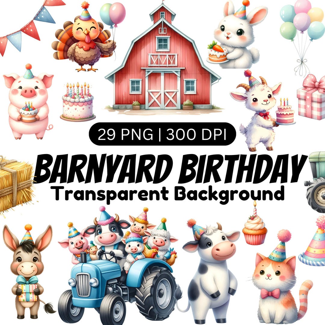 Barnyard Birthday, Farm Animal Birthday, Watercolor Clipart, Baby ...