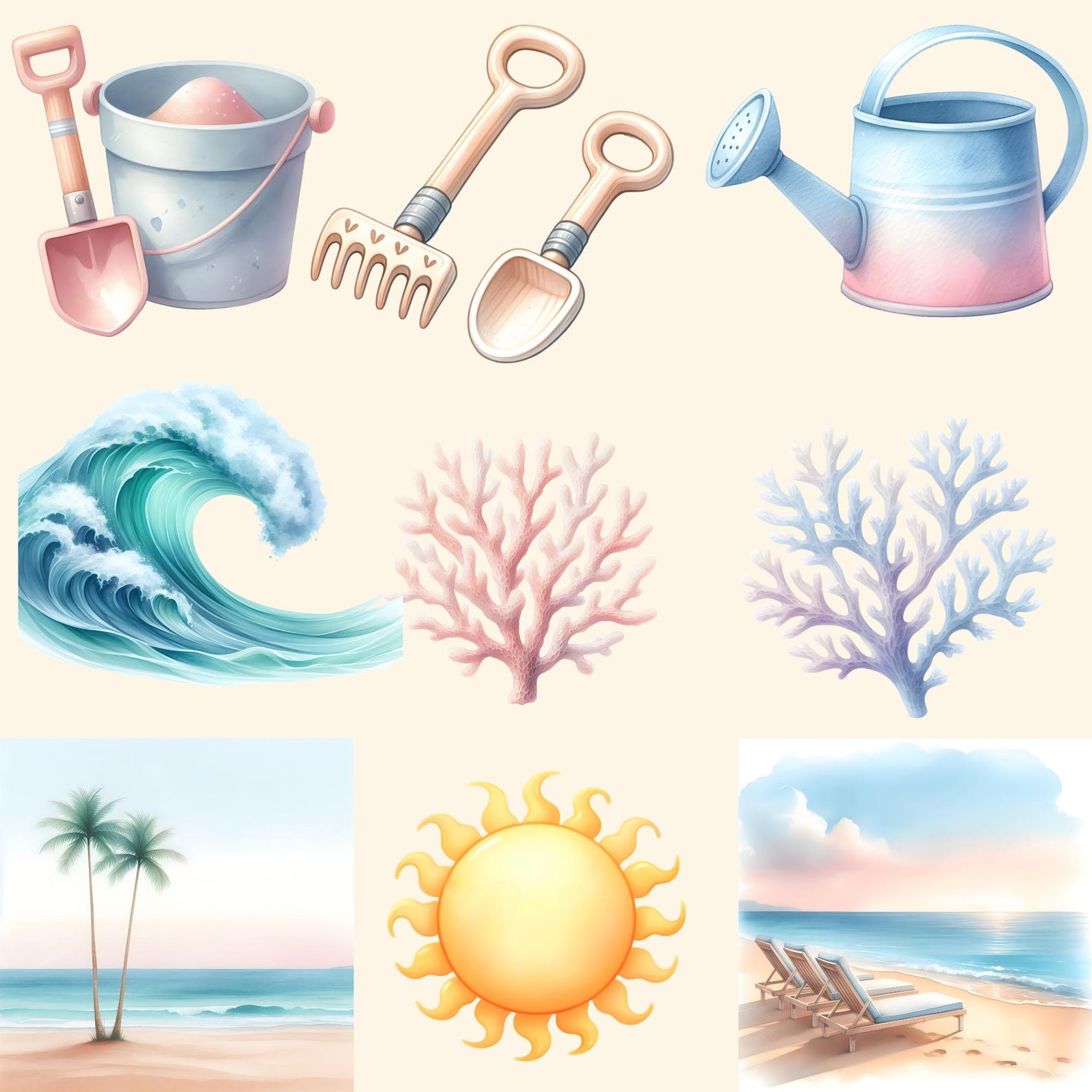 Watercolor Beach Day Clipart, Coastal Summer Clipart, Tropical Clipart ...