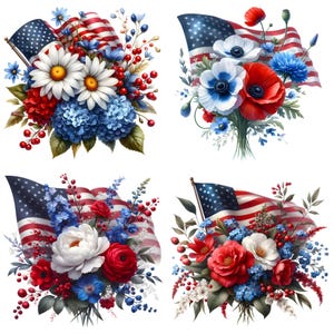21 Patriotic Bouquet Clipart, 4th of July Clipart, American Art, Flower ...