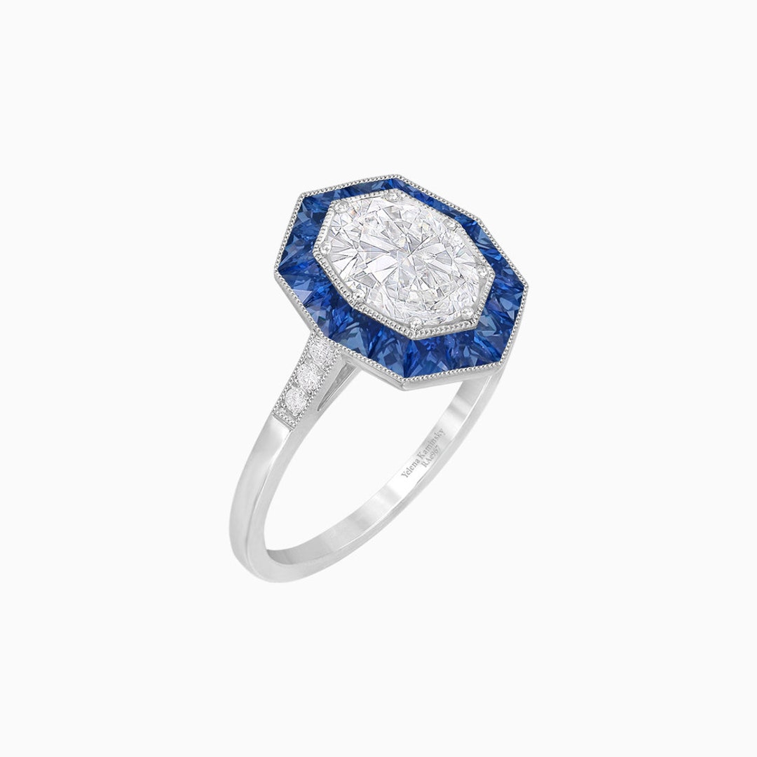 Are Deco Octagonal Shaped Ring With Diamond Blue Sapphire and - Etsy
