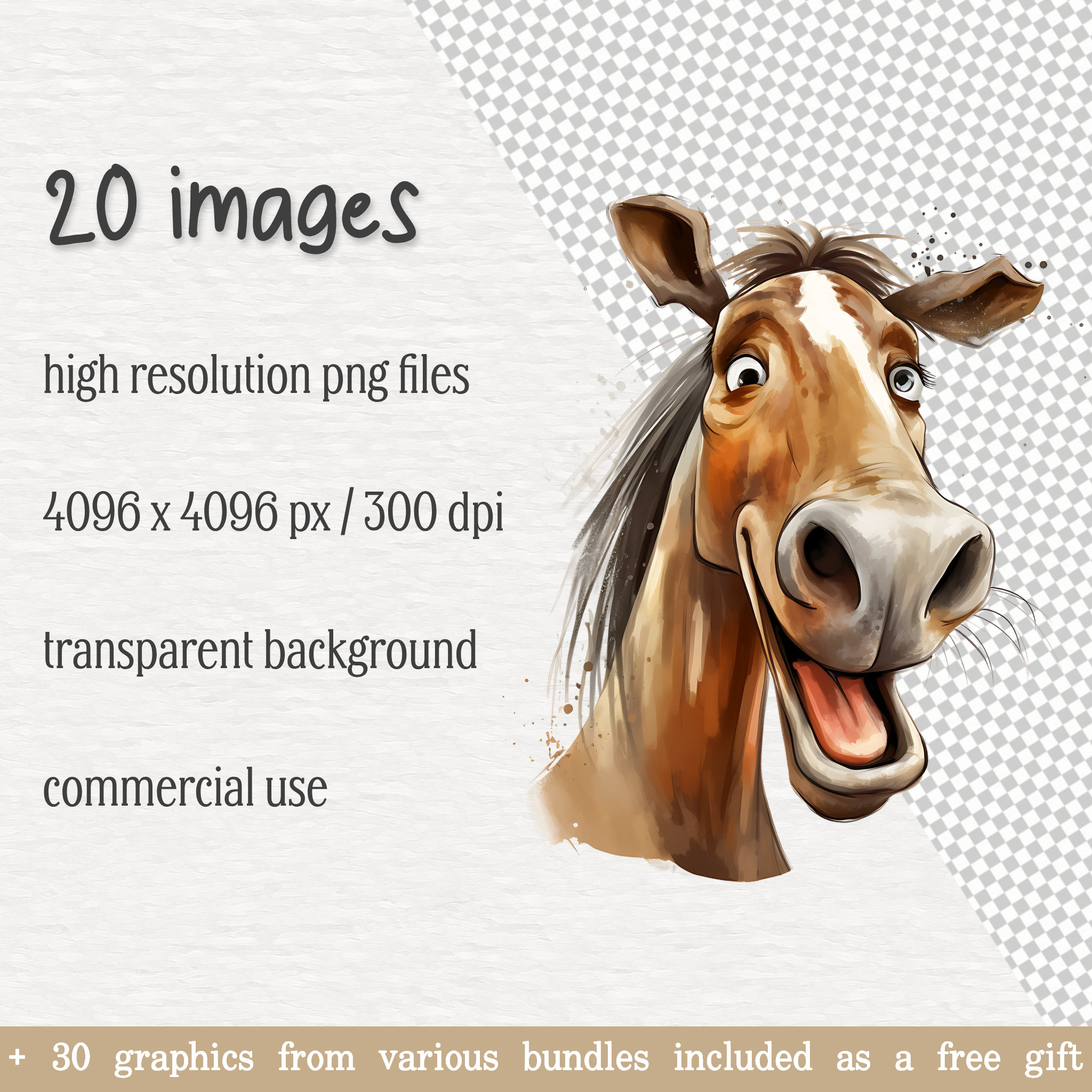 Funny and Crazy Horse Clipart Bundle, Horses PNG, Watercolor Foal ...