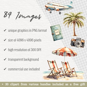 84 Vintage Travel Clipart Bundle, Summer Travel PNG, Watercolor ...