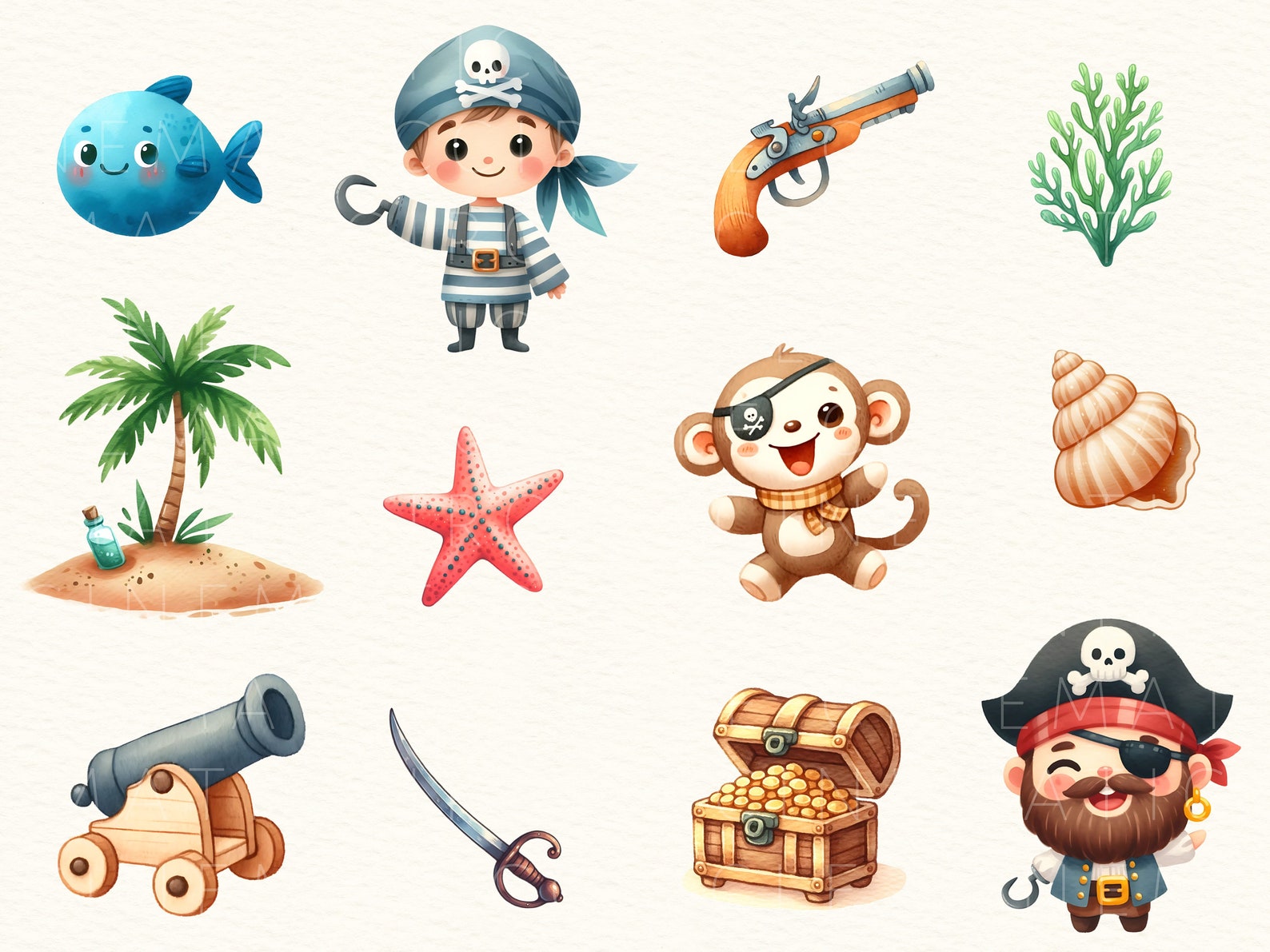 Pirate Adventure Clipart Bundle, Cute Pirates PNG, Pirate Ship, Ocean ...