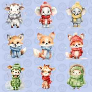 Cute Dressed Winter Animals Clipart Bundle, Watercolor Baby Animals ...