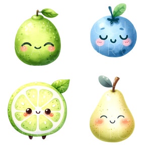 Happy Fruits Clipart Bundle, Cute Food PNG, Watercolor Summer, Kawaii ...