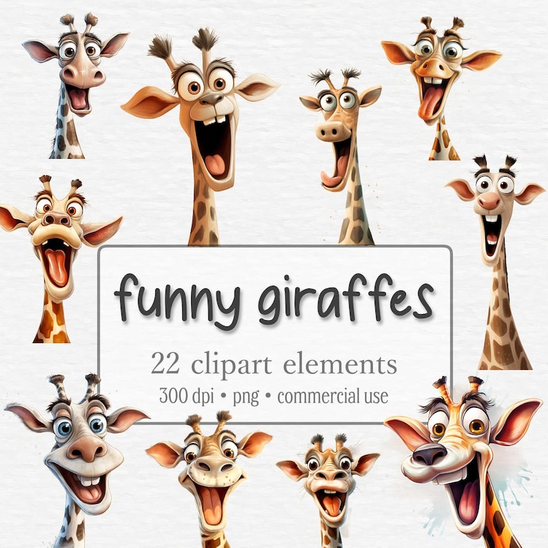 Funny and Crazy Giraffe Clipart Bundle, Giraffes PNG, Watercolor Safari ...
