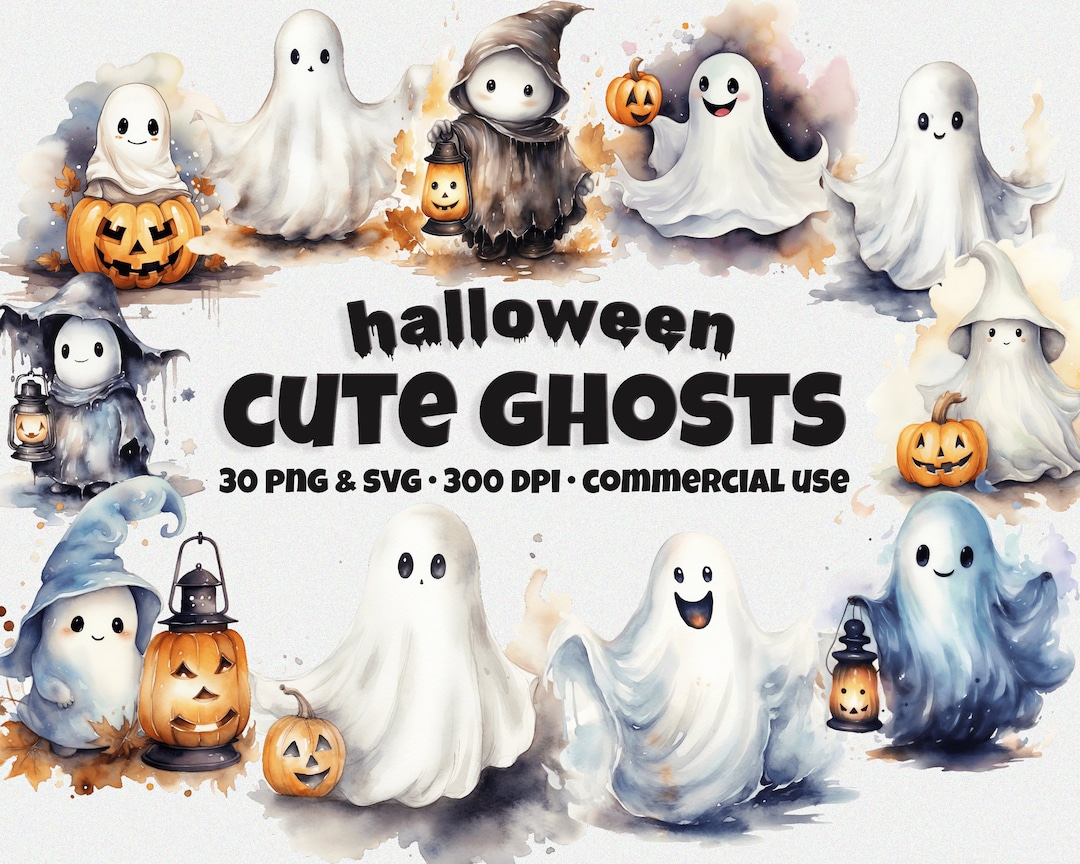 30 Halloween Cute Ghost Clipart, Watercolor Clipart Bundle, Halloween ...