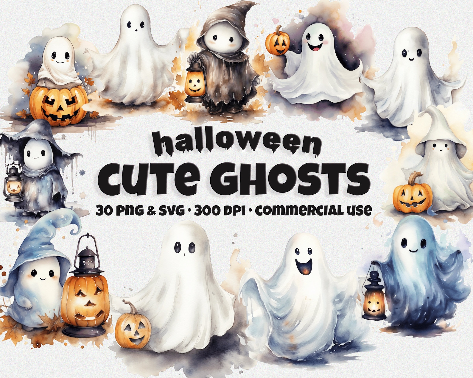 30 Halloween Cute Ghost Clipart, Watercolor Clipart Bundle, Halloween ...
