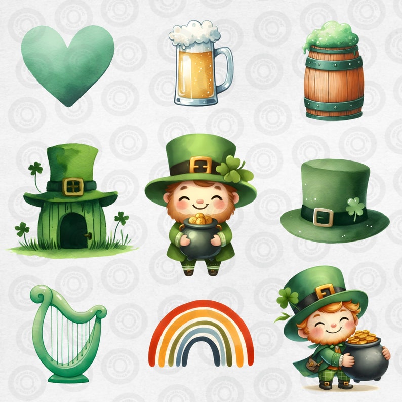 Lucky St Patricks Day Clipart Set, Cute St Patty's Day PNG, Shamrock, Leprechaun, Rainbow, Pot ...