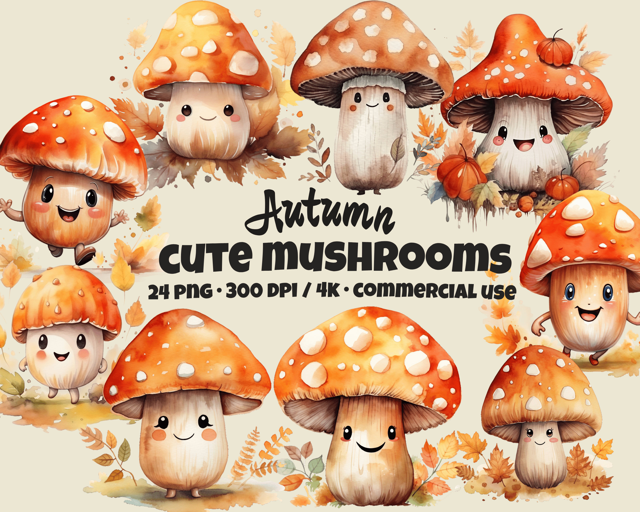 24 Autumn Cute Mushrooms Clipart Watercolor Clipart Fall - Etsy