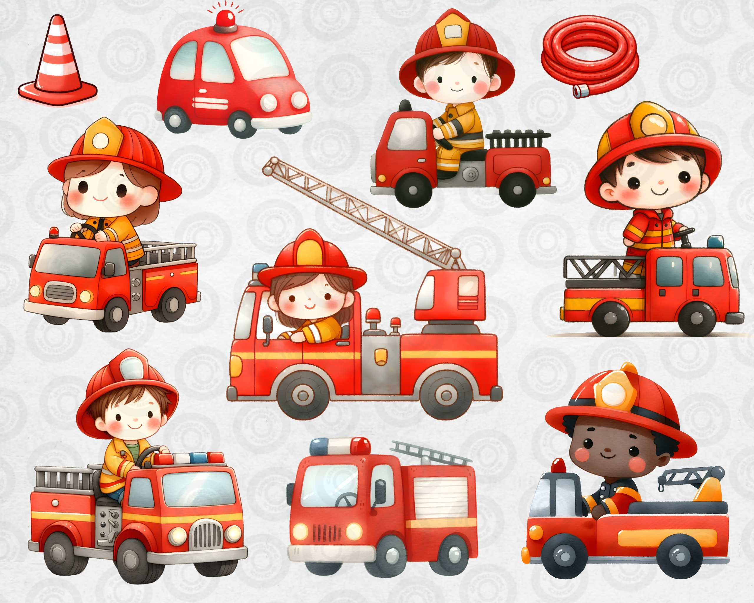 Cute Firefighters Clipart Bundle, Watercolor Fire Department PNG ...