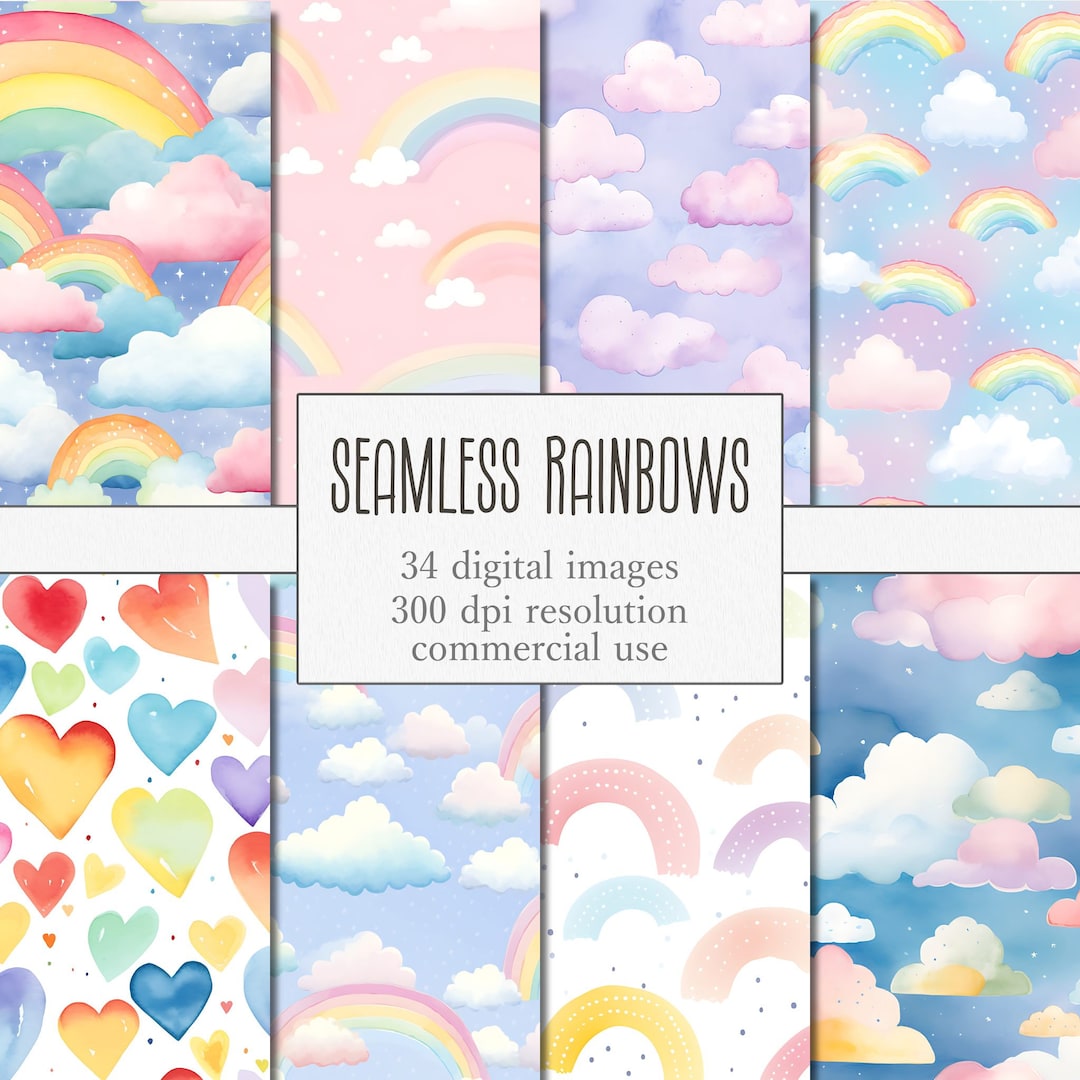 Seamless Rainbows Digital Paper Set, Watercolor Rainbow Jpg Graphic ...