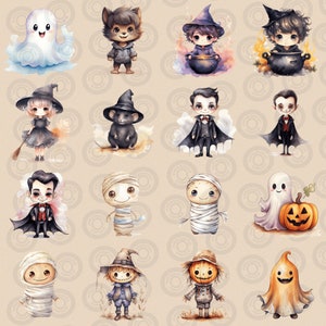 Halloween Cute Characters Clipart Bundle, Watercolor Ghost Witch ...