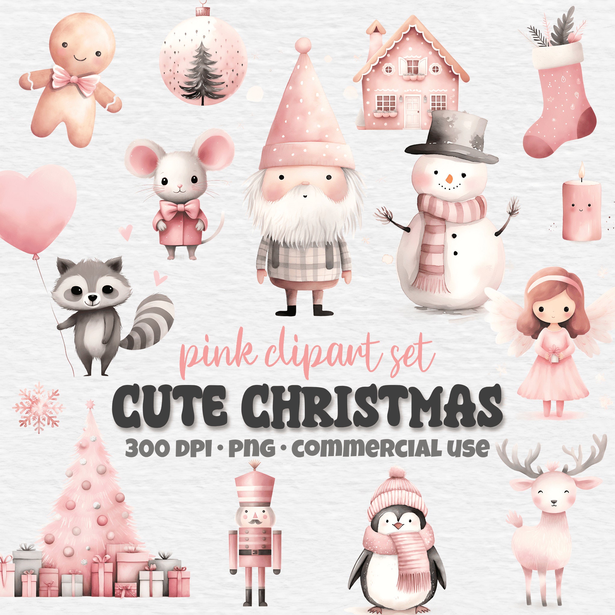 Cute Christmas Clipart Set, Pink Watercolor Bundle, Transparent Png ...