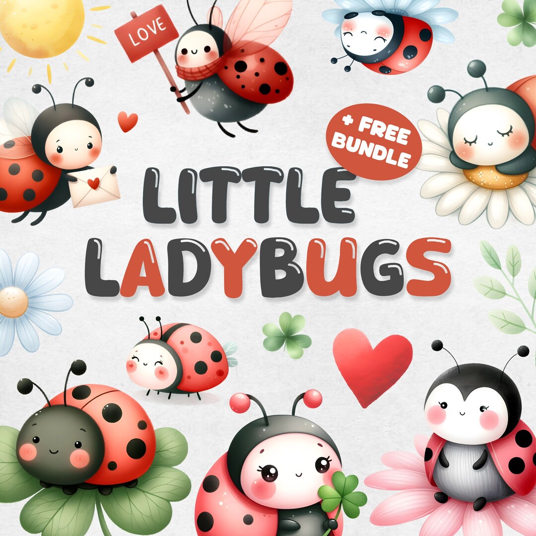 Little Ladybug Clipart Bundle, Cute Love Bug PNG, Valentines Day, Love ...