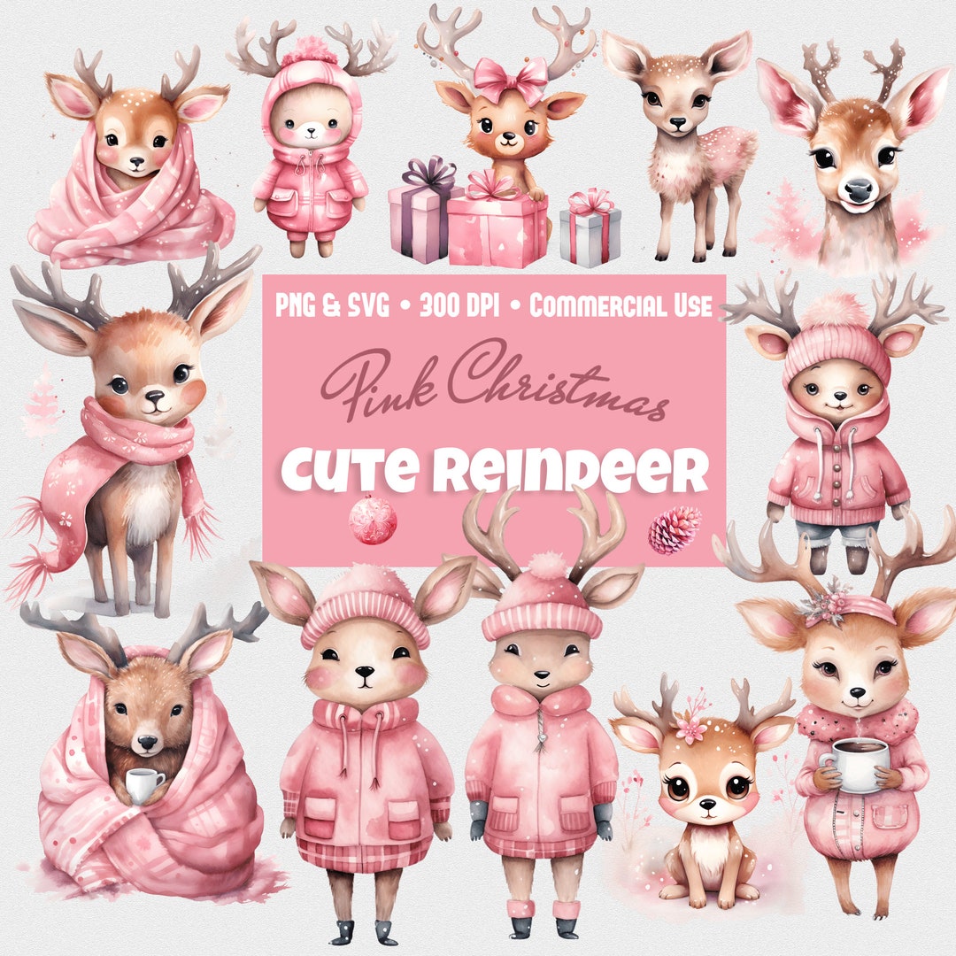 Christmas Cute Reindeer Clipart Bundle, Watercolor Deer, Pink Christmas ...