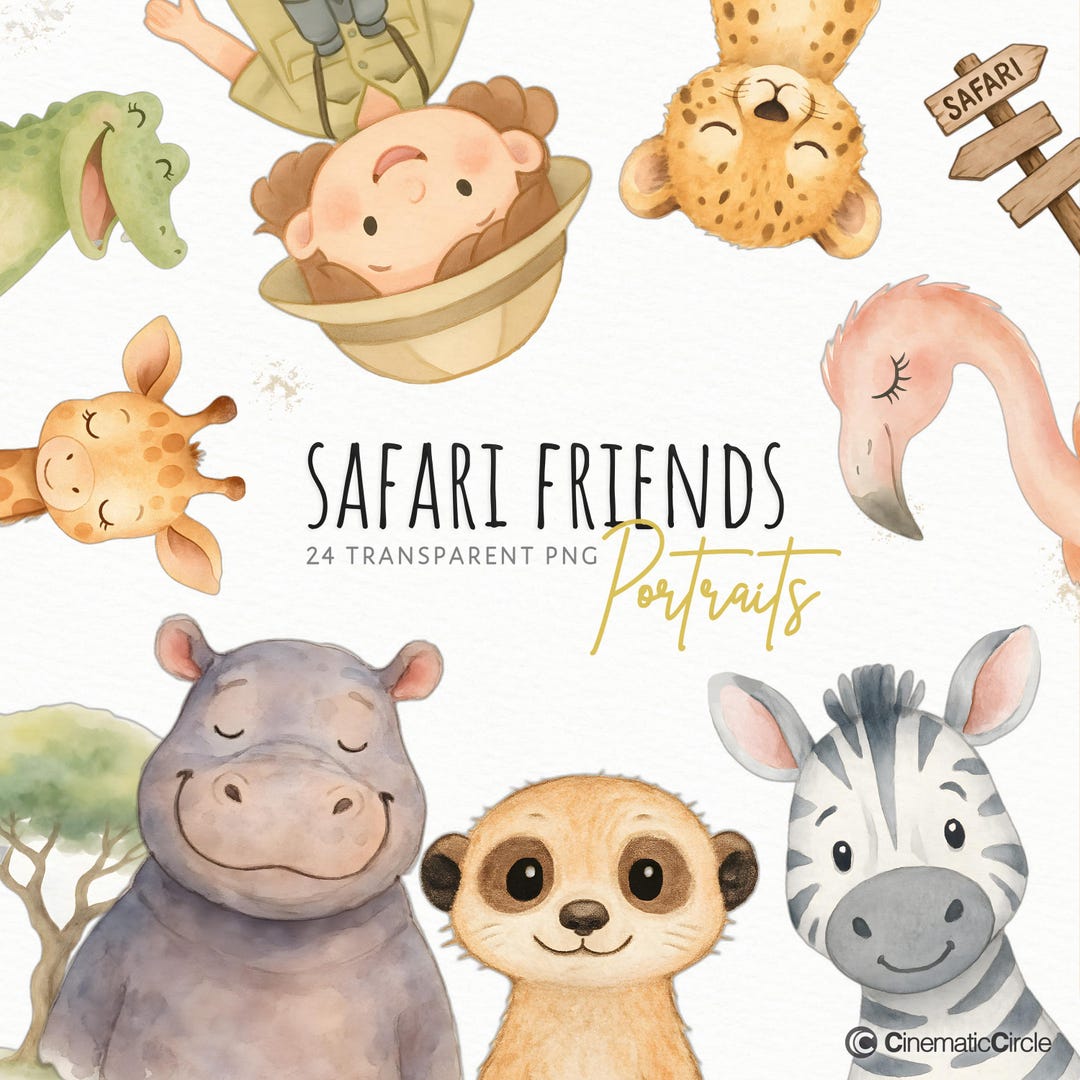 Safari Friends Portraits Clipart Bundle | Cute Watercolor Jungle | Baby ...