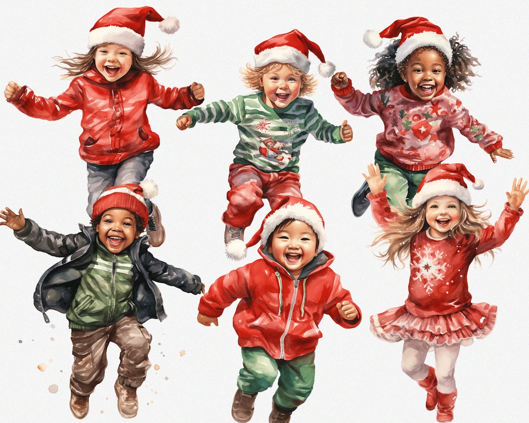 Kids Clipart, Cute Children Jumping With Joy, Christmas Children ...