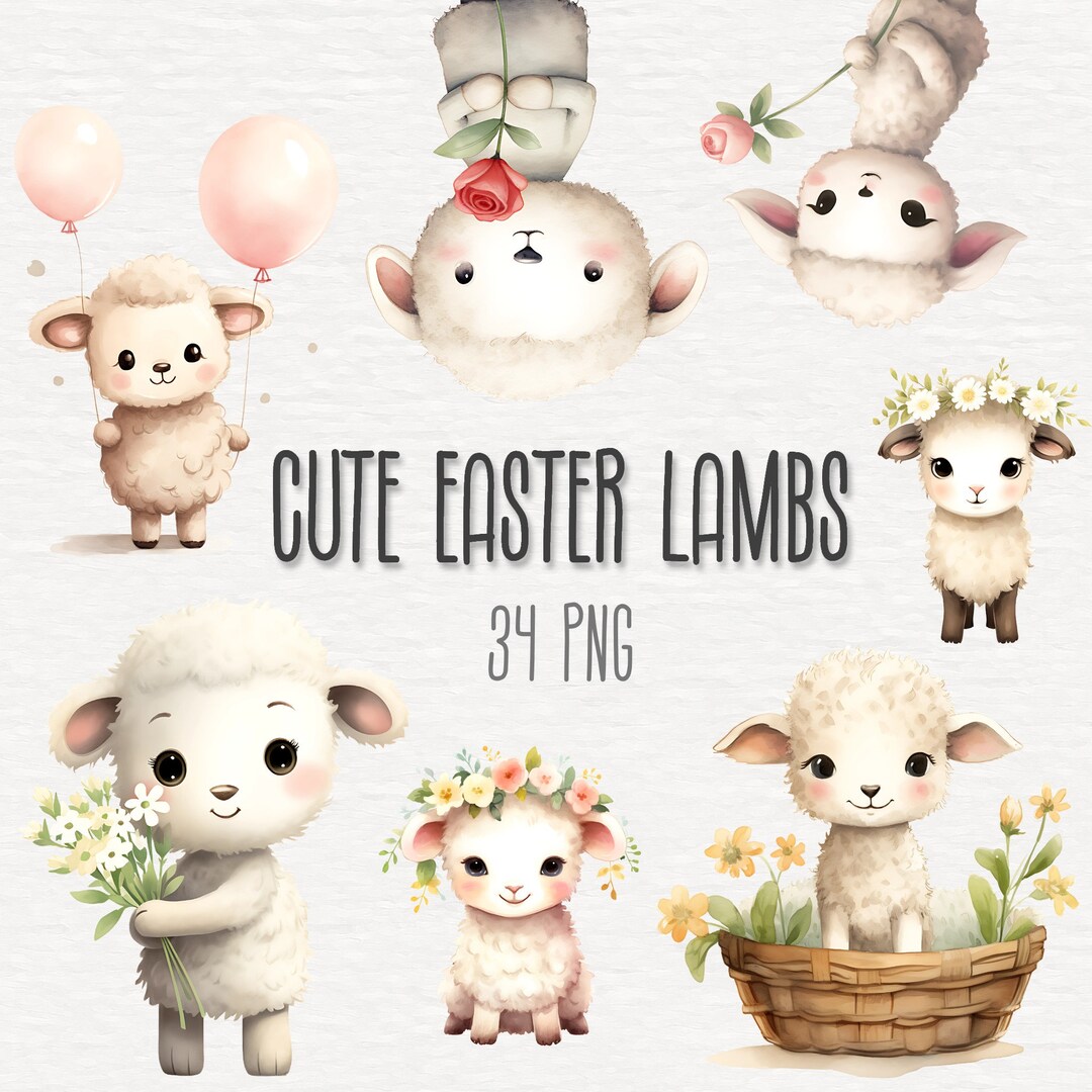 Watercolor Easter Lamb Clipart Bundle, Spring Lambs 34 PNG Set, Easter ...