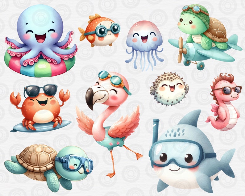 Sunny Beach Day Clipart Bundle, Watercolor Summer, Cute Undersea ...