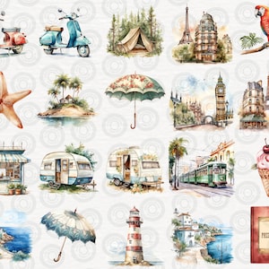 84 Vintage Travel Clipart Bundle, Summer Travel PNG, Watercolor ...