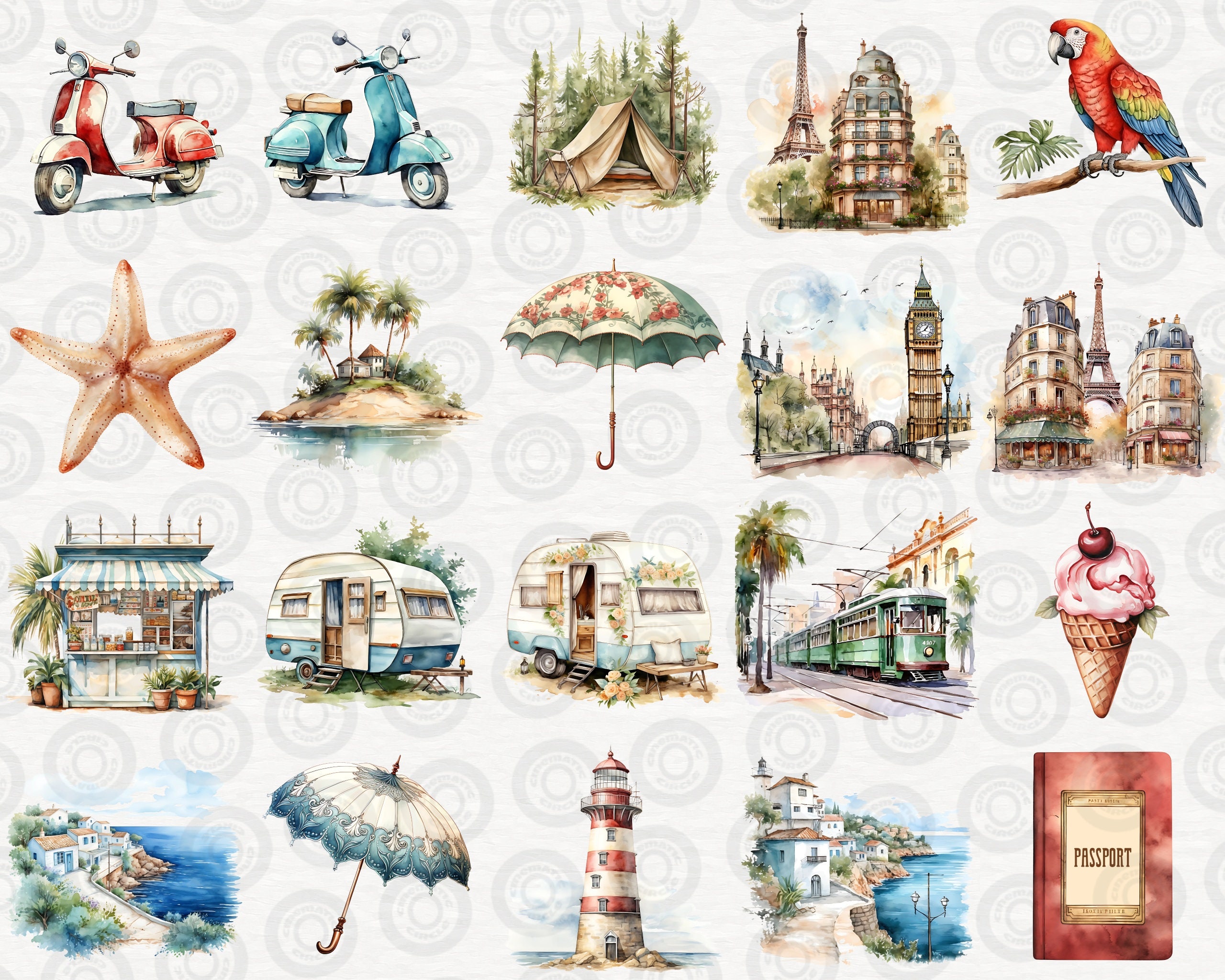 84 Vintage Travel Clipart Bundle, Summer Travel PNG, Watercolor ...