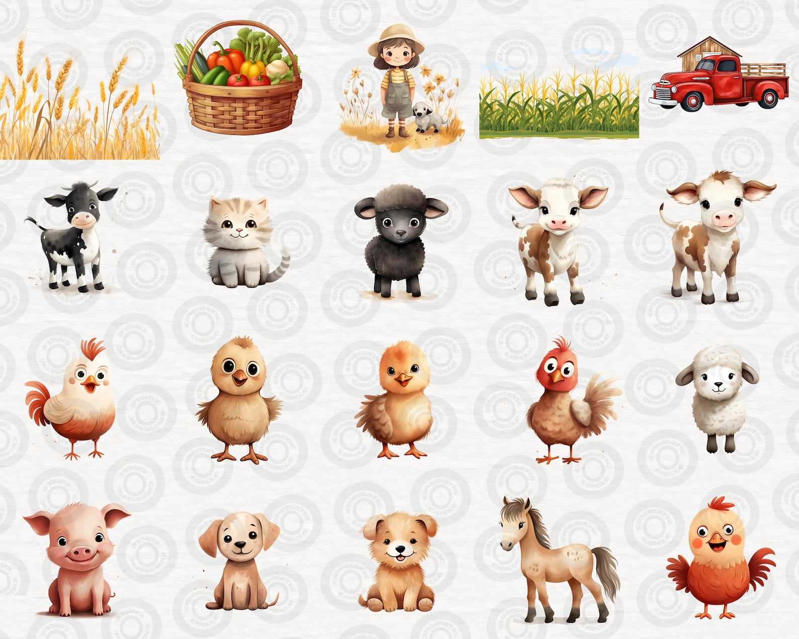 78 Cute Farm Clipart Bundle, Happy Farm Animals, Watercolor Digital ...