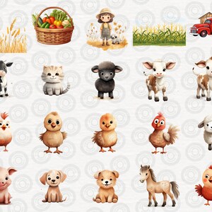 78 Cute Farm Clipart Bundle, Happy Farm Animals, Watercolor Digital ...