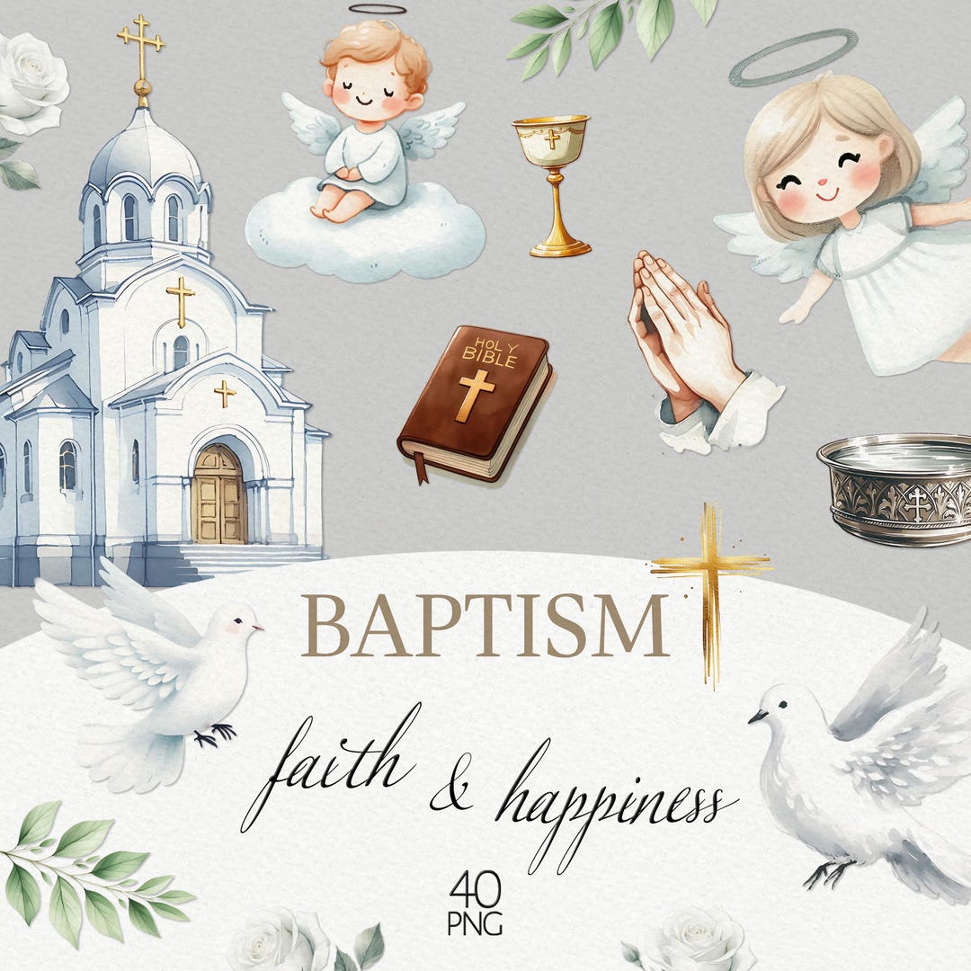 Baptism Clipart Bundle, Christening Watercolor Clip Arts, Religious PNG ...