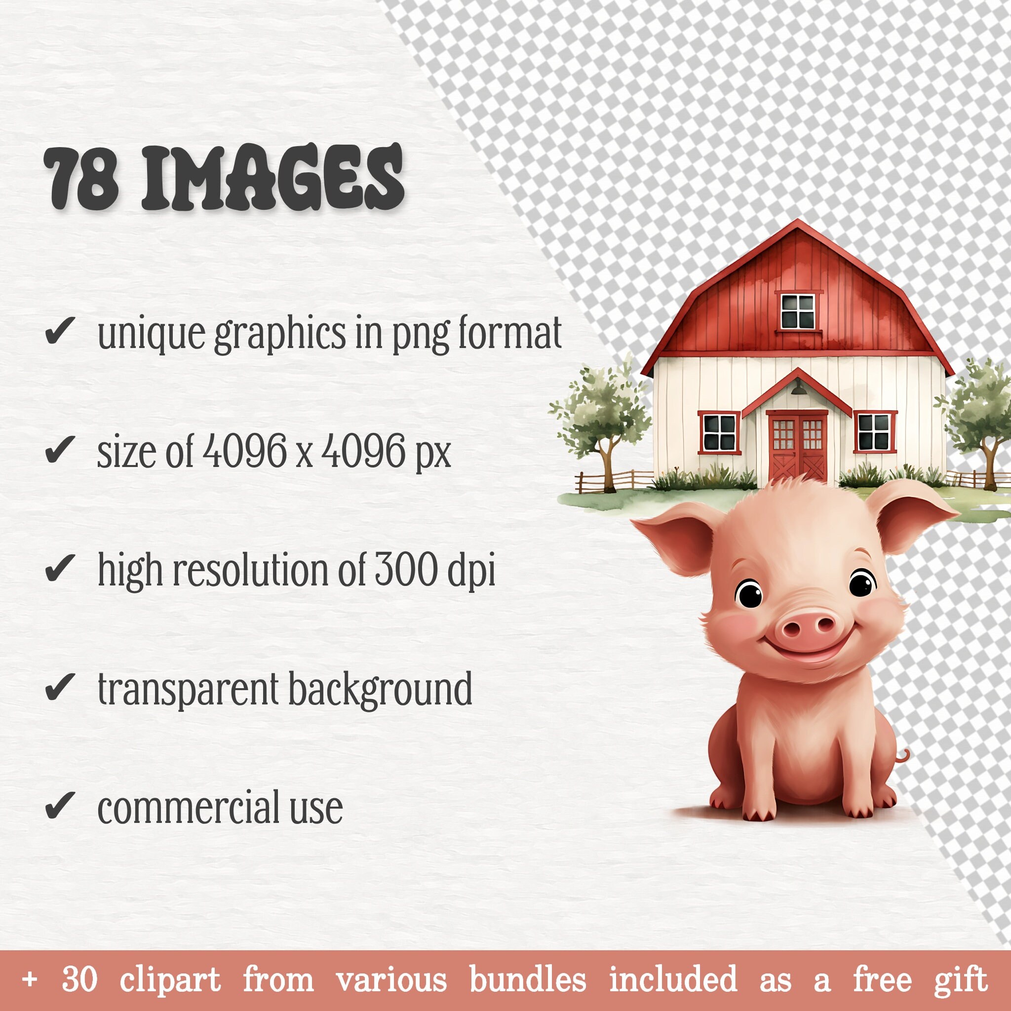 78 Cute Farm Clipart Bundle, Happy Farm Animals, Watercolor Digital ...