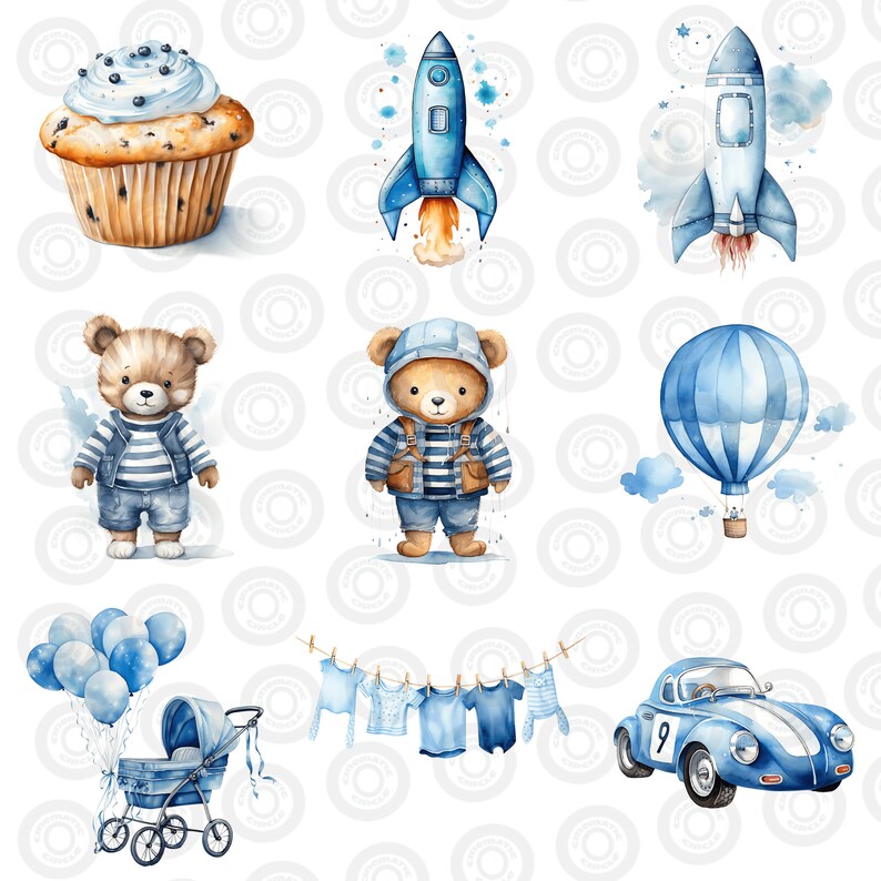 Watercolor Baby Shower Clipart Bundle, Blue Pastel Color, Baby ...