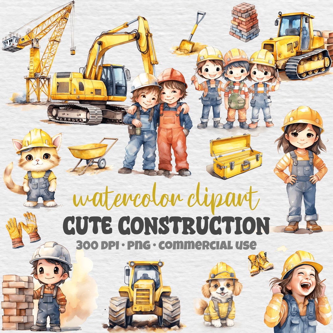 48 Cute Construction Clipart Bundle, Watercolor Construction Site, Kids ...