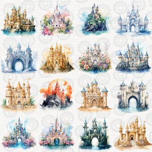 100 Fantasy Castles Clipart Bundle, Watercolor Magical Fortress, Palace ...