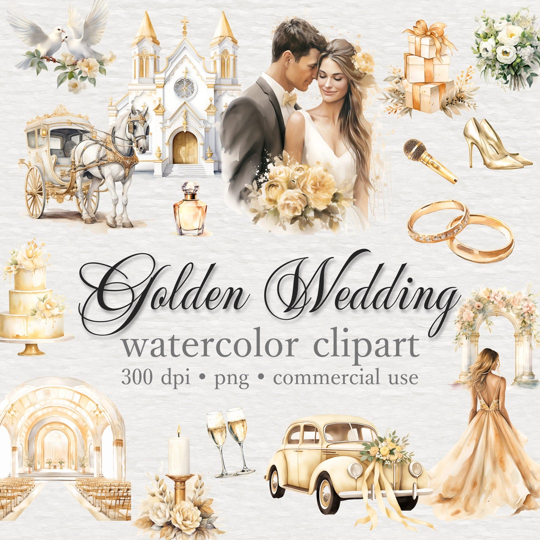 Golden Wedding Clipart Set, Watercolor Wedding PNG, Celebration ...