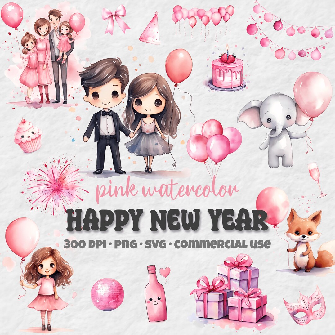 Happy New Year Clipart Bundle, Pink Watercolor New Year's Eve, Party ...