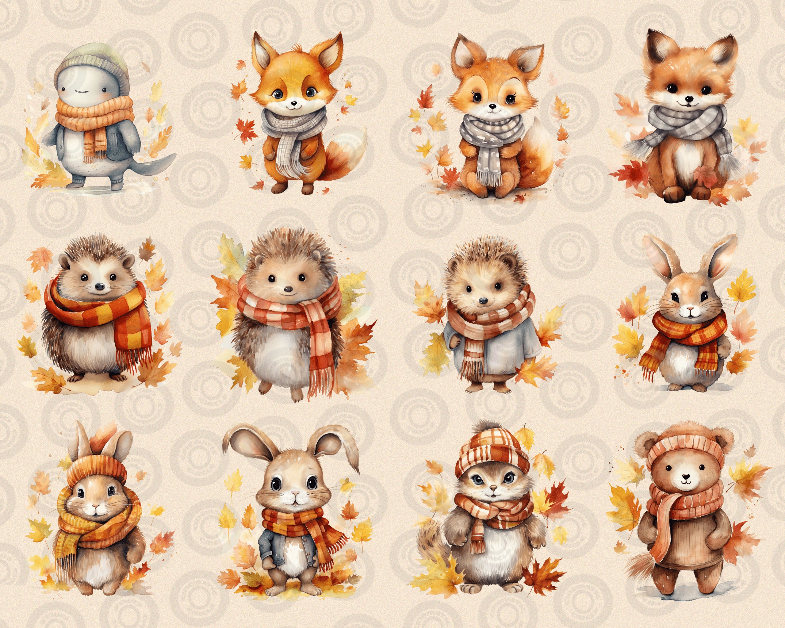 Autumn Cute Baby Animals Clipart Watercolor Clipart Fall - Etsy