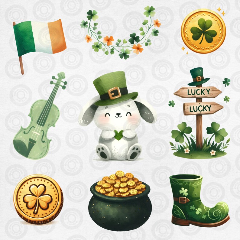 Lucky St Patricks Day Clipart Set, Cute St Patty's Day PNG, Shamrock, Leprechaun, Rainbow, Pot ...