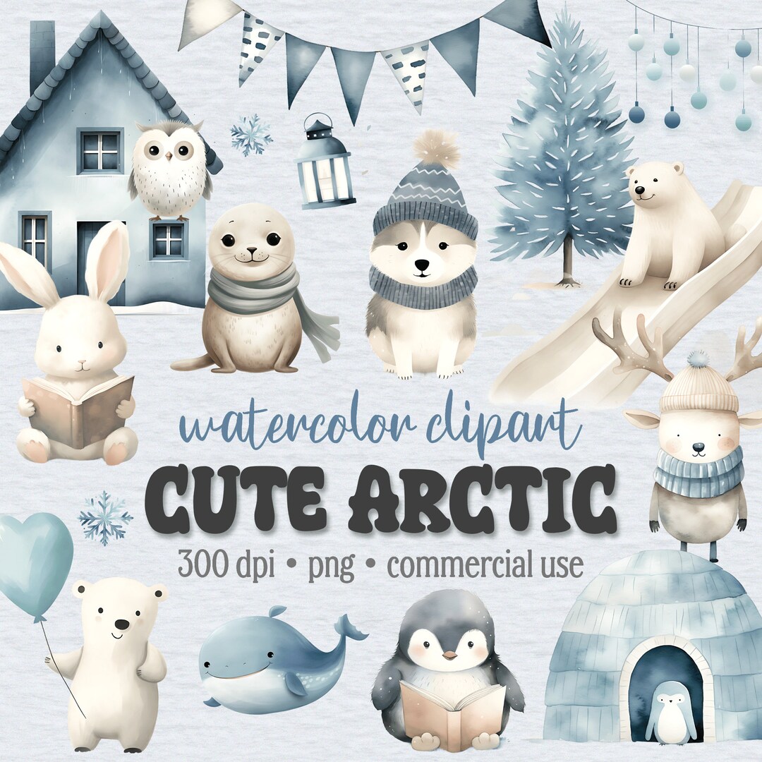 Cute Arctic Clipart Bundle, Christmas Baby Animals, Watercolor PNG ...