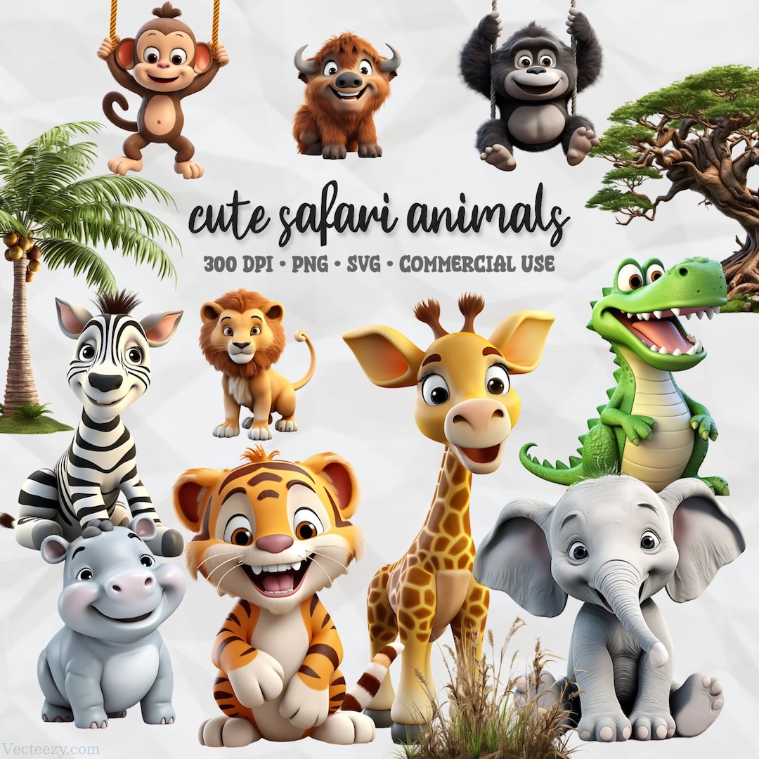 Cute Safari Animals, Baby Animal Clipart, Lion, Tiger, Giraffe, Zebra ...