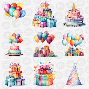 Watercolor Happy Birthday Clipart Set, Birthday Party PNG SVG, Balloons ...