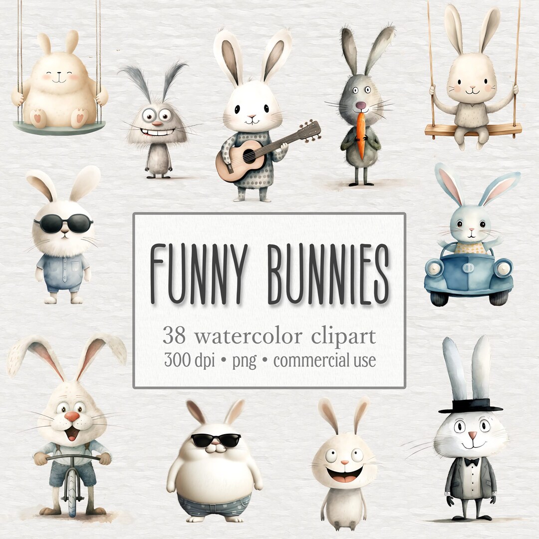 38 Funny Bunny Clipart Bundle, Cute Rabbits, Watercolor Crazy Bunnies ...