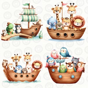 Noah's Ark Clipart Bundle, Cute Baby Animals PNG, Bible Watercolor ...