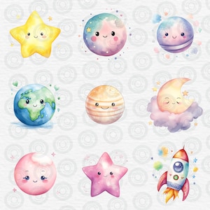 Cute Space Clipart Bundle, Watercolor Clipart, Happy Astronaut ...