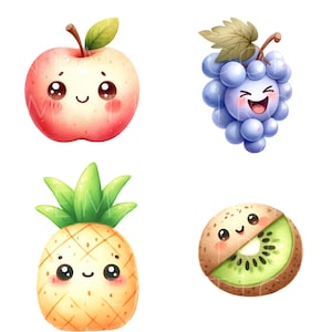 Happy Fruits Clipart Bundle, Cute Food PNG, Watercolor Summer, Kawaii ...