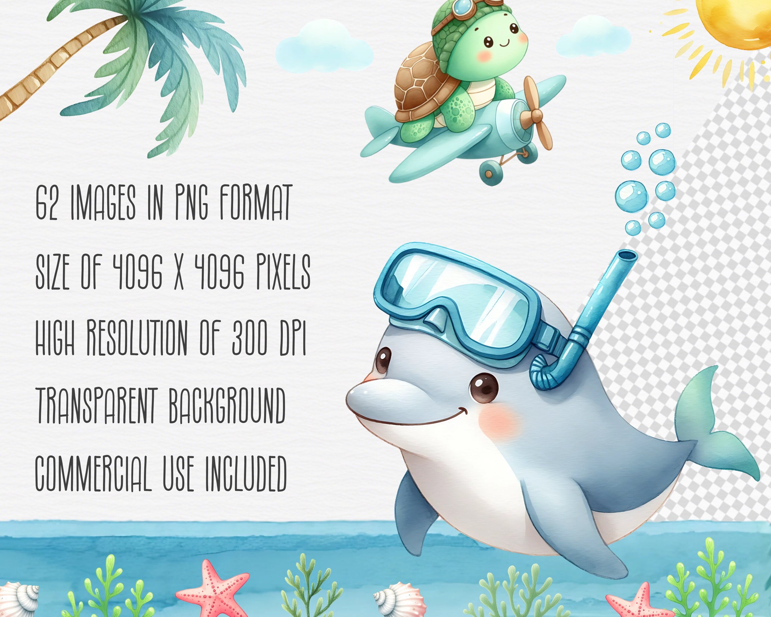Sunny Beach Day Clipart Bundle, Watercolor Summer, Cute Undersea ...