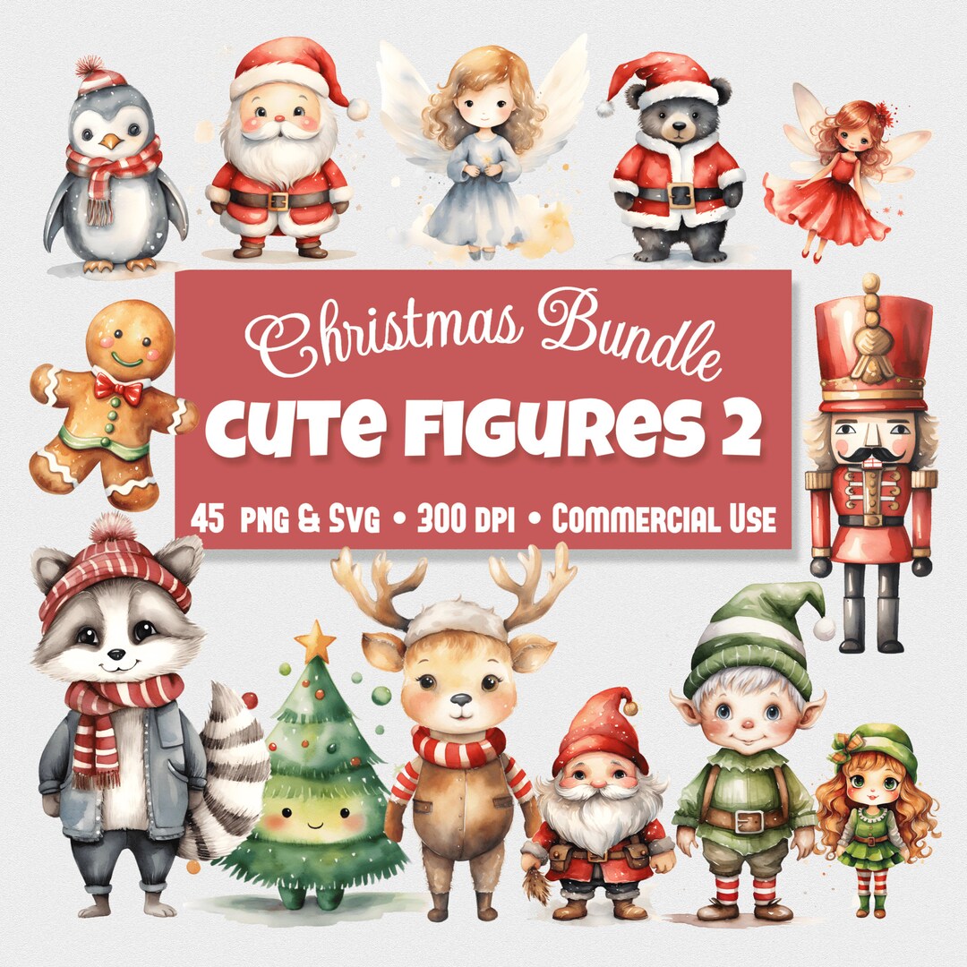 Christmas Clipart Bundle, Watercolor Bundle, Cute Characters, Santa ...