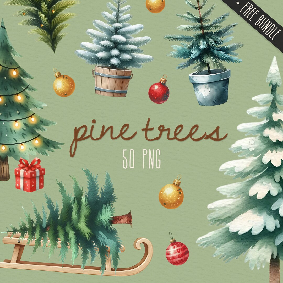 DIY Christmas Tree Clipart Bundle, Pine Tree PNG, Watercolor Winter ...
