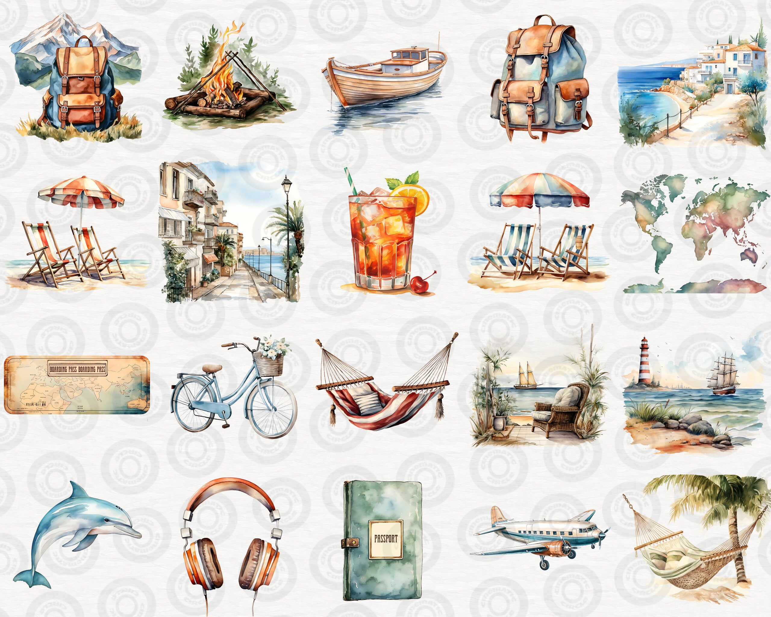 84 Vintage Travel Clipart Bundle, Summer Travel PNG, Watercolor ...
