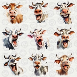 Funny and Crazy Cow Clipart Bundle, Cows PNG, Watercolor Cute Calf ...